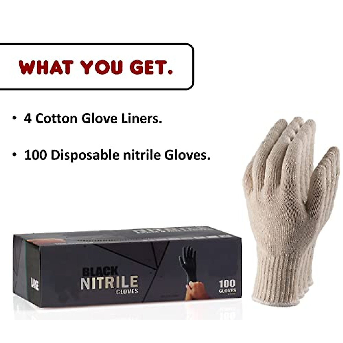 Nechtik BBQ Gloves disposable - 4 Cotton Glove Liners and 100 Disposable Gloves - Meat Gloves - Machine Washable - Powder Free Latex Free, Black Nitrile Gloves