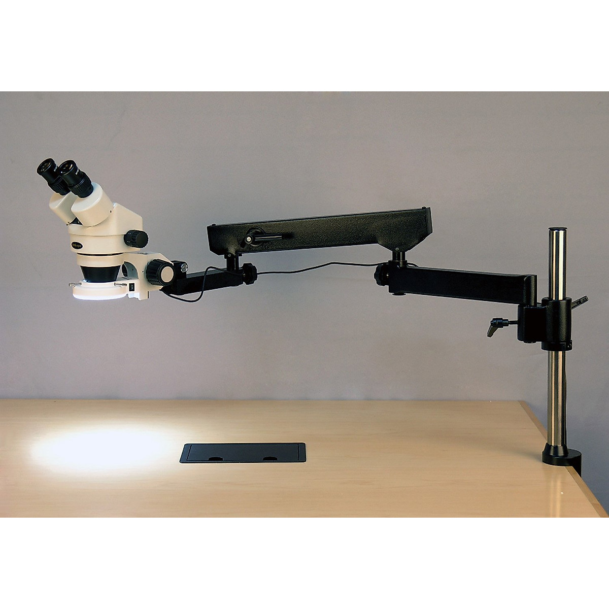 AmScope SM-8BZ-144S Professional Binocular Stereo Zoom Microscope, WH10x Eyepieces, 3.5X-90X Magnification, 0.7X-4.5X Zoom Objective, 144-Bulb LED Ring Light, Articulating-Arm Boom Stand, 110V-240V, Includes 0.5x and 2.0x Barlow Lenses