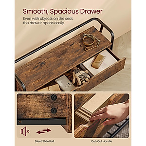 VASAGLE Shoe Storage Bench with Seating, Shoe Bench with Organizer Drawer, Industrial Style, Steel Frame, Holds Up to 600LB, for Entryway, Living Room, Bedroom, Rustic Brown and Ink Black, ULSB151K01