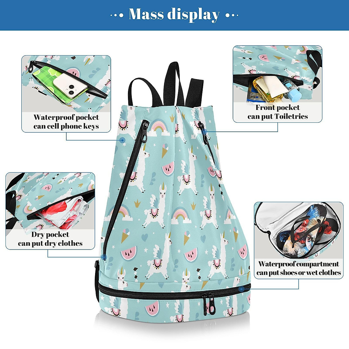 Joisal Rainbow Alpaca Pattern Swimming Backpack with Shoe Compartment Backpack Gym Bag for Men, Competitive Swim Bag