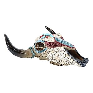 Ebros Gift Western Southwest Steer Bison Buffalo Bull Cow Skull With Mosaic Turquoise and Red Aztec Sun Teardrop Gems Decorative Jewelry Trinket Box Figurine Accent Macabre Ossuary Accent