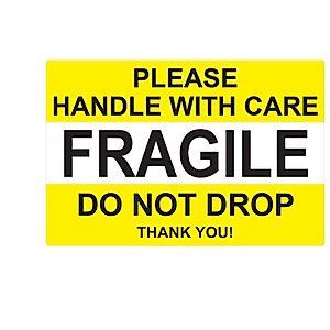 2" x 3" Yellow Fragile Stickers Handle with Care Thank You Water Proof Stickers (100 Stickers)