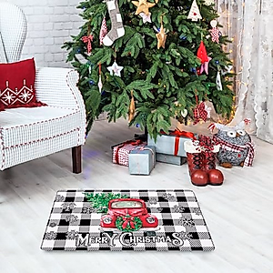 INFISIBLE Black and White Buffalo Plaid Christmas Kitchen Rugs, Non Slip Anti Fatigue Kitchen Mats Set of 2, Red Truck Christmas Decorations Cushioned Kitchen Rug for Floor and Sink