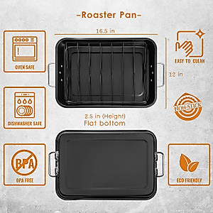 Moss & Stone Carbon Steel Roaster Pan With “V” Shape Removable Roasting Rack Set, 16.5 Inch Rectangular Nonstick Roasting Pan, Turkey Roaster Pan Rack With Carving Fork & Chef Knife
