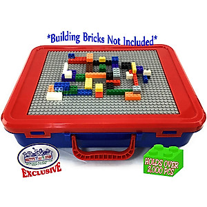 Matty's Toy Stop Brik-Kase 2.0 Travel, Building, Storage & Organizer Container Case with Building Plate Lid (Holds Approx 2000pcs) - Compatible With All Major Brands (Blue, Red & Gray)