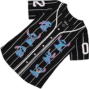 Disney Ladies Lilo and Stitch Shirt - Ladies Classic Lilo and Stitch Baseball Jersey Lilo and Stitch Mesh Jersey (Black, Medium)