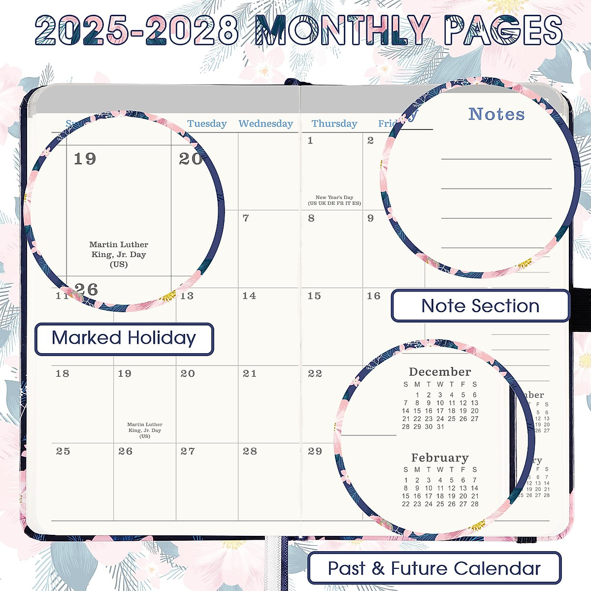 2023-2025 Pocket Planner/Calendar - 3 Year Monthly Planner from Jan 2023 - Dec 2025, 6.3" x 3.8", 2023-2025 Monthly Planner with 61 Notes Pages, Inner Pocket, Pen Loop, Elastic Closure