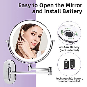 Wall Mounted Lighted Makeup Mirror, 1X 10X Magnifying Mirror with Light 3 Color Dimmable, 8'' Double Sided LED Light up Bathroom Vanity Mirror with Magnification, 360° Extendable Arm Shaving Mirror