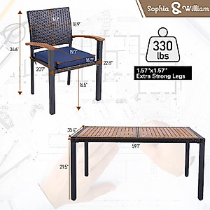 Sophia & William Outdoor Patio Dining Set Furniture 7 Pieces with 6 Stackable Cushioned Rattan Wicker Chairs and Rectangular Acacia Wood Table for Backyard Deck Garden Lawn Porch Poolside
