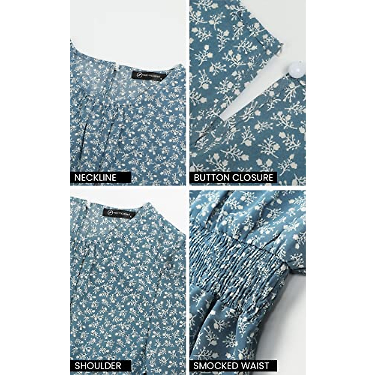 PRETTYGARDEN Women's Summer Casual Short Flutter Sleeve Round Neck Smocked Waist Tiered Boho Floral Flowy Maxi Dress(Small, Leaves Sky Blue)