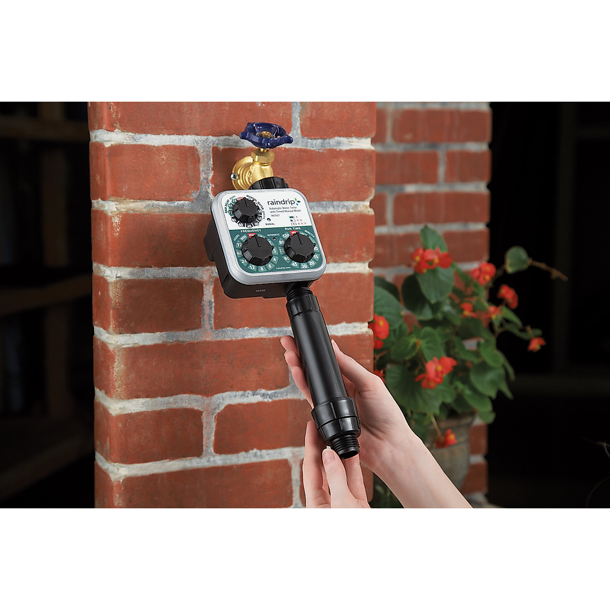 Raindrip SDGCBHP Automatic Drip Irrigation Watering Kit with Timer for Ground Cover & Flower Beds, Waters up to 200 Sq. ft, Timer with Customizable Settings & 13 GPH Half-Circle Adjustable Sprayers, Black;Galvanized Steel;Brown