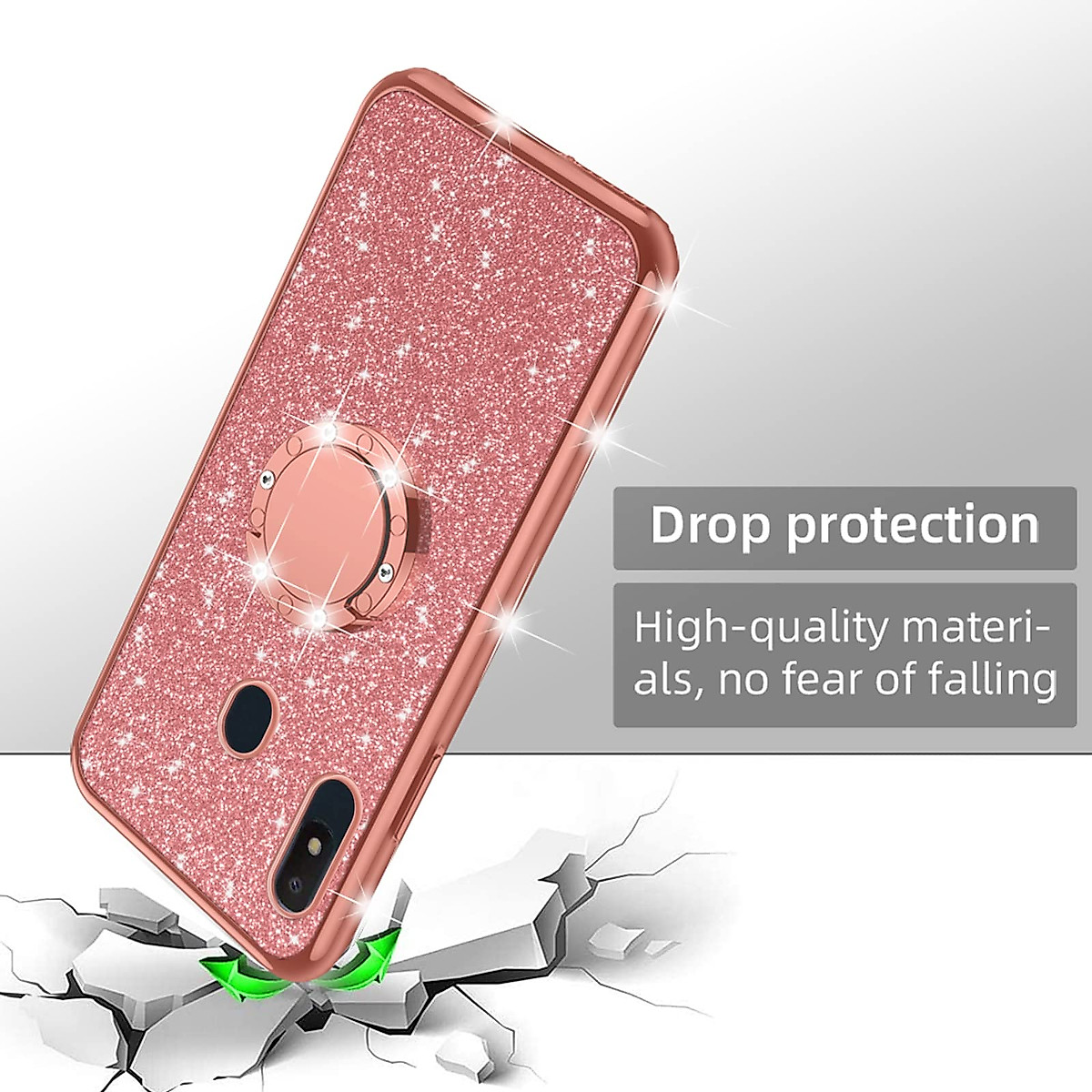 for Samsung Galaxy A10E Phone Case Girls Women Cute Rhinestone Glitter TPU Case with Ring Stand Strap Lanyard Shockproof Protection Cover for Samsung Galaxy A20E -Rose Gold