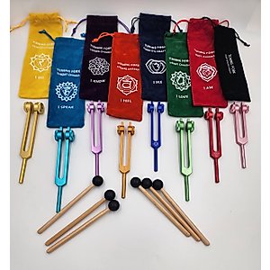 YANTRA Chakra Tuning Fork Set of 8 Color Weighted Healing with Individually Marked Chakra Sign Bags and Striker Includes Soul Purpose