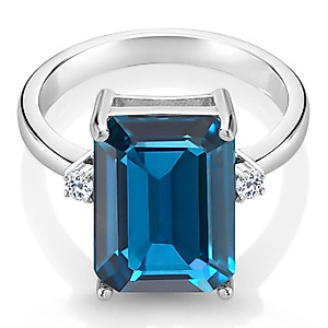 Gem Stone King 925 Sterling Silver London Blue Topaz and White Topaz Ring For Women | 9.58 Cttw | Emerald Cut 14x10MM | Gemstone Birthstone | Available In Size 5, 6, 7, 8, 9