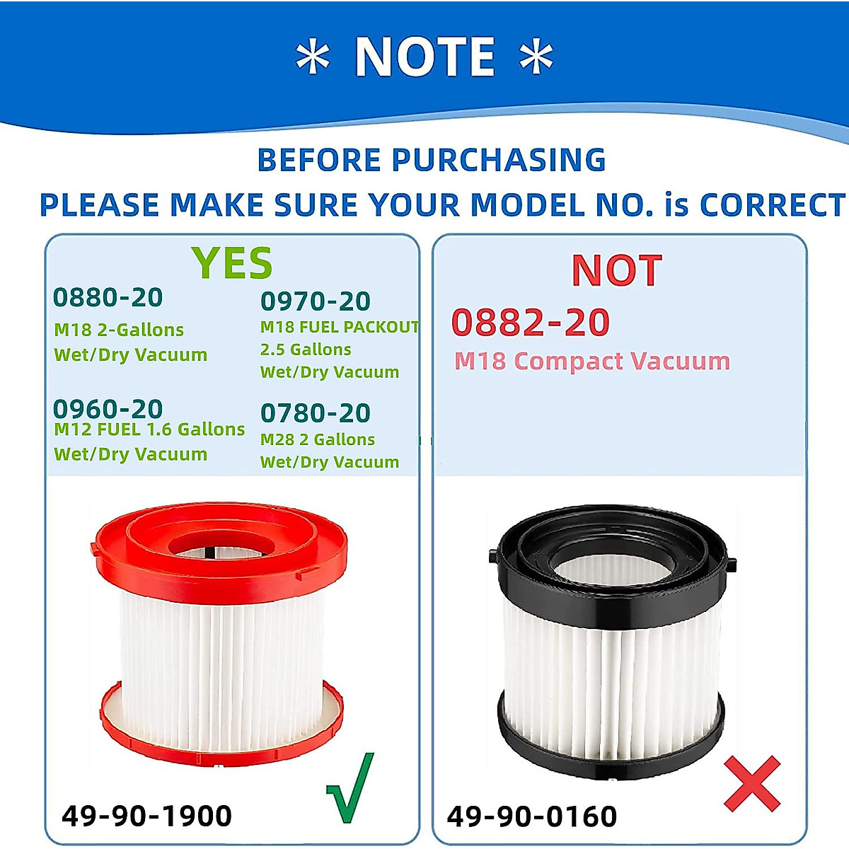 2 Pack Wet Dry Vacuum HEPA Filter Replacement 49-90-1900 Compatible with Milwaukee Cordless Vacuum - for Milwaukee Cordless M18 Vacuum 0780-20 0880-20