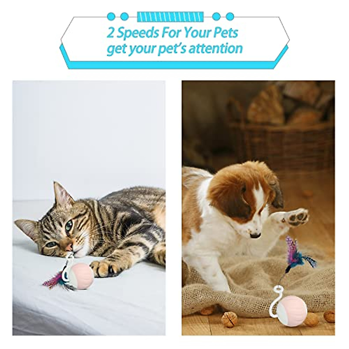 GOGODOGYA Cat toys,Interactive cat toy ball,Indoor Automatic Moving Cat Ball Toys/Puppies Toys,With LED Rainbow Lights,Feathers & USB Charging Cable,Touch control and Sound control Smart Start Cat Toy