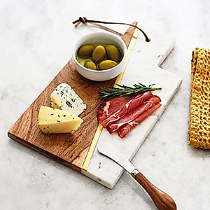 Boho 2-Tone Marble and Acacia Wood Charcuterie or Cutting Board with Brass Inlay and Leather Tie, White and Natural