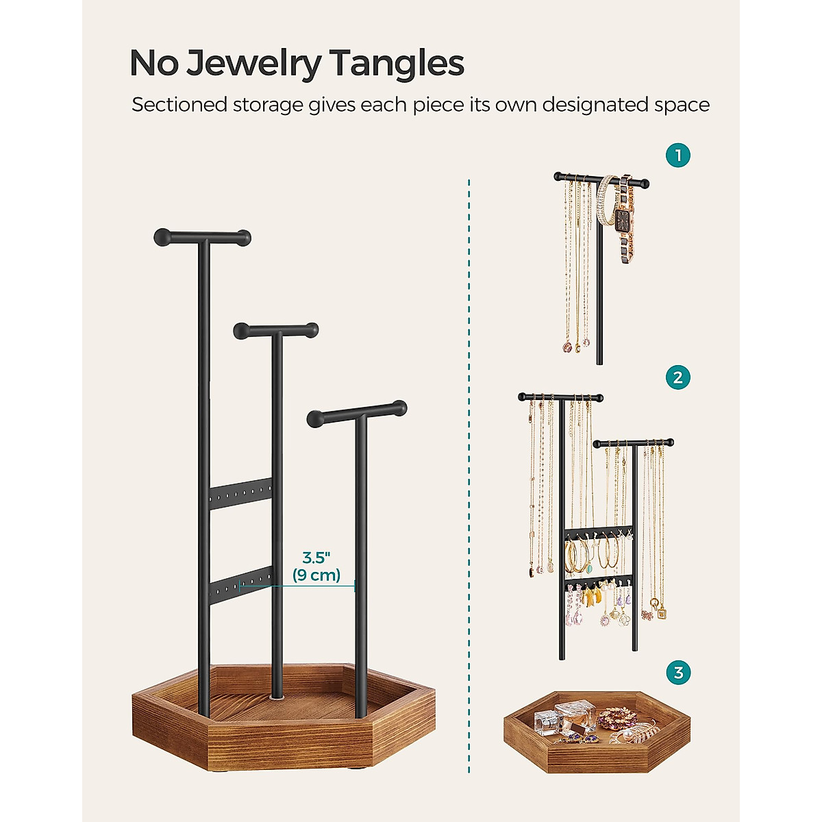 SONGMICS Jewelry Holder, Jewelry Organizer, 4 Independent Zones, Jewelry Display Stand with Metal Frame, Necklace Earring Bracelet Holder, for Rings, Black and Caramel Brown UJJS03CB