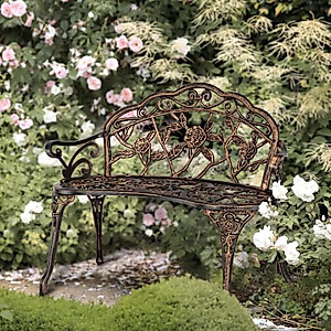 VINGLI 38.5" Patio Park Garden Outdoor Metal Rose Bench,Cast Iron Cast Aluminium Frame Antique Finish Chair,Accented Lawn Front Porch Path Yard Decor Deck Furniture for 2 Person Seat，Bronze