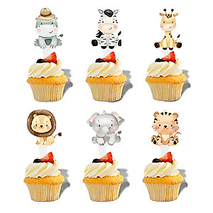 LXASIY 24Pcs Jungle Safari Animal Cupcake Toppers Happy Birthday Cake Decor for Jungle Theme Baby Shower Kids Birthday Party Wild One Cake Decorations Supplies