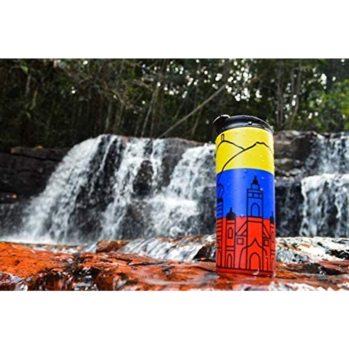 costablue Venezuela Vacuum Insulated Stainless Steel Thermal Travel Mug, 16 oz, Easy Clean, Flip leak Proof Lid Venezuelan Flag with Icons from Caracas