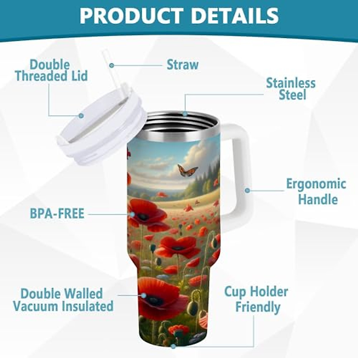 RPLIFE Poppy Flowers 40oz Tumbler with Handle, Stainless Steel Water Bottle with Straw, Tumblers for Women