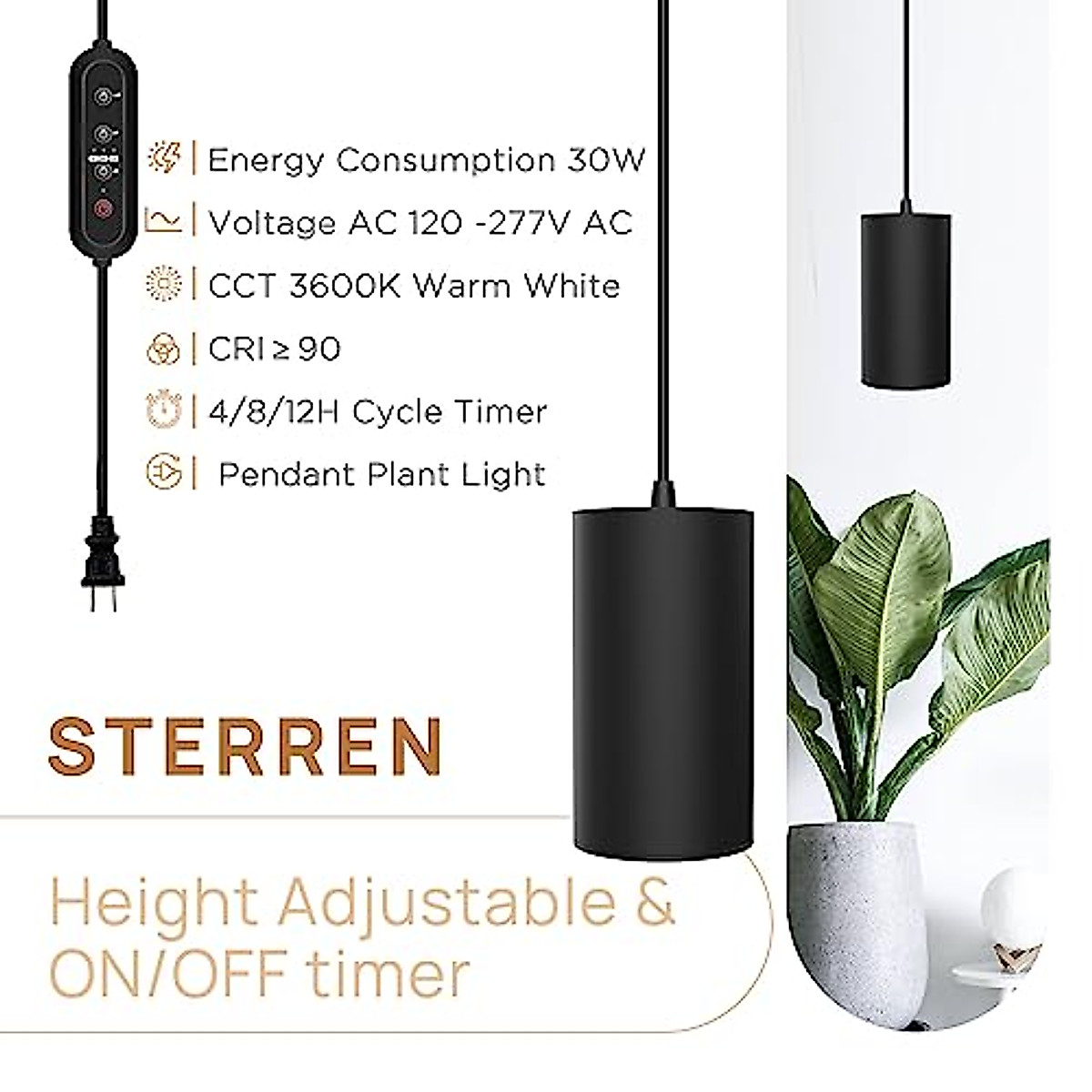 STERREN Plant Grow Light,Led Pendant Light for Indoor Plants,Full Spectrum Hanging Grow Lights with 21 FT Height Adjustable Power Cord, Auto Timer,ON/Off Switch Plant Lights for Indoor Growing