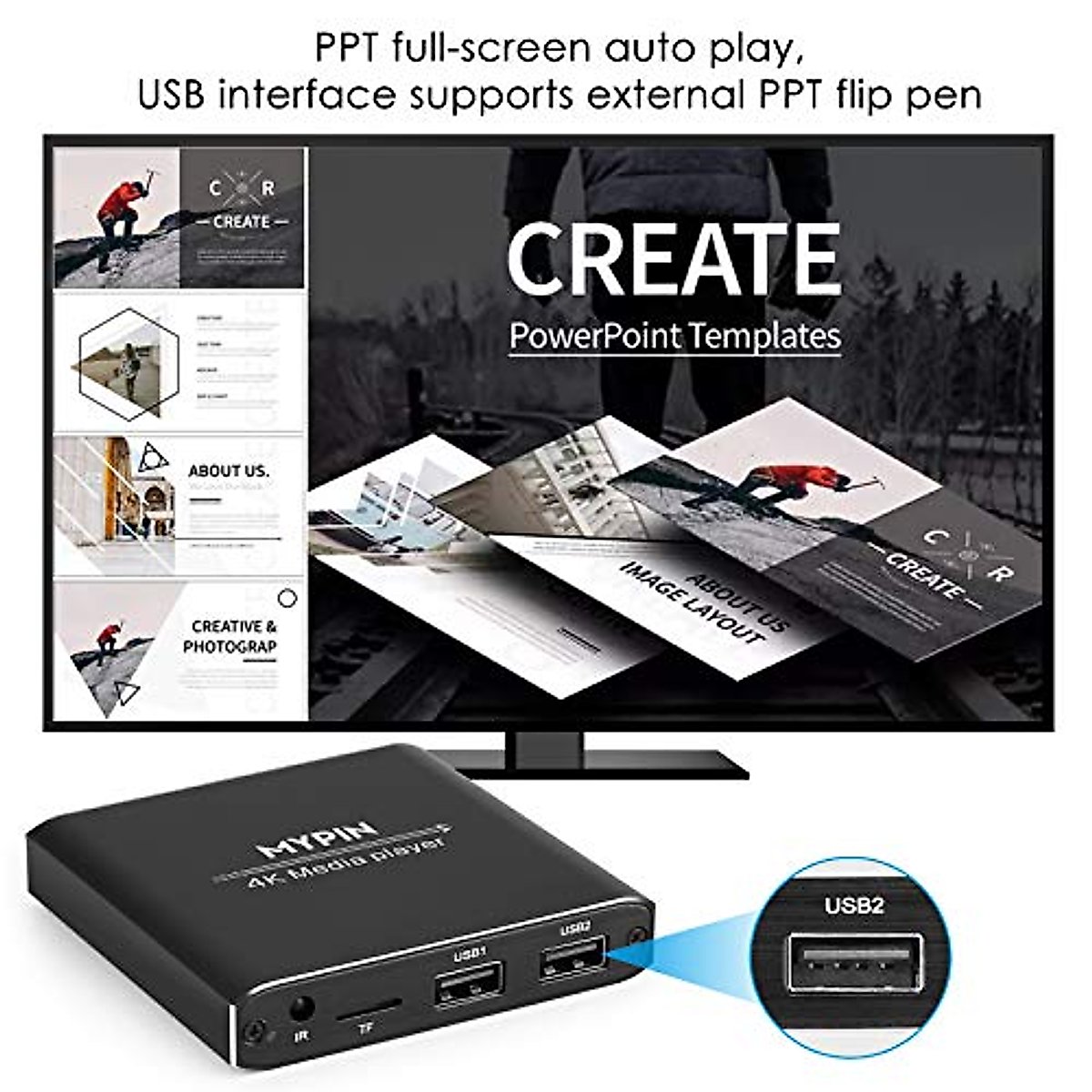 4K Media Player with Power Supply, Digital MP4 Player for 8TB HDD/USB Drive/TF Card/H.265 MP4 PPT MKV AVI Support HDMI/AV/Optical Out and USB Mouse/Keyboard-HDMI up to 7.1 Surround Sound (Black)