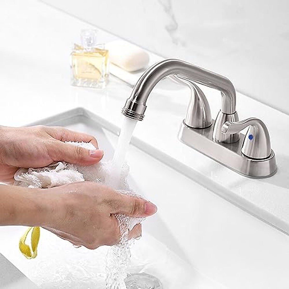 Phiestina Brushed Nickel Utility Sink/Laundry Faucet, 4 Inch Centerest 2 or 3 Hole Rotatable Swivel 360° Spout with Threaded End, with Water Supply Line, BF25-7-BN