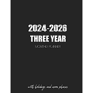 Three year monthly planner 2024-2026: 3 Year Calendar from Jan 2024 to Dec 2026 Agenda Schedule Organizer with holidays and Moon Phases Vintage black background