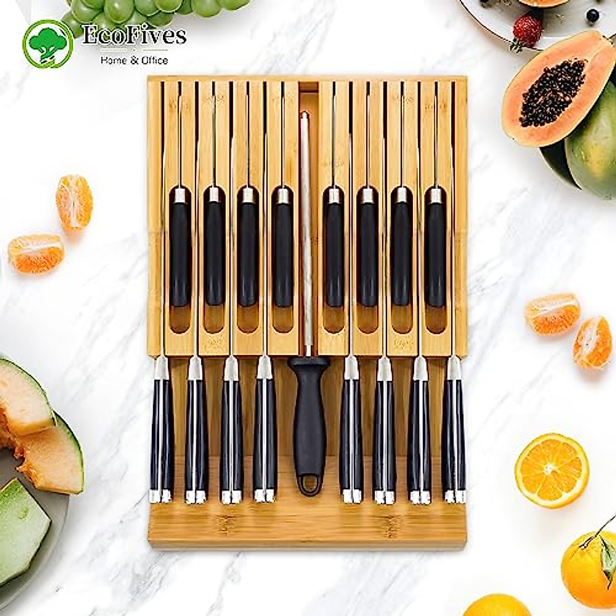 EcoFives In-Drawer Knife Block,Bamboo Knife Drawer Organizer Insert, Kitchen Knife Drawer Storage for 16 Knives a Slot for your Knife Sharpener (Without Knives)