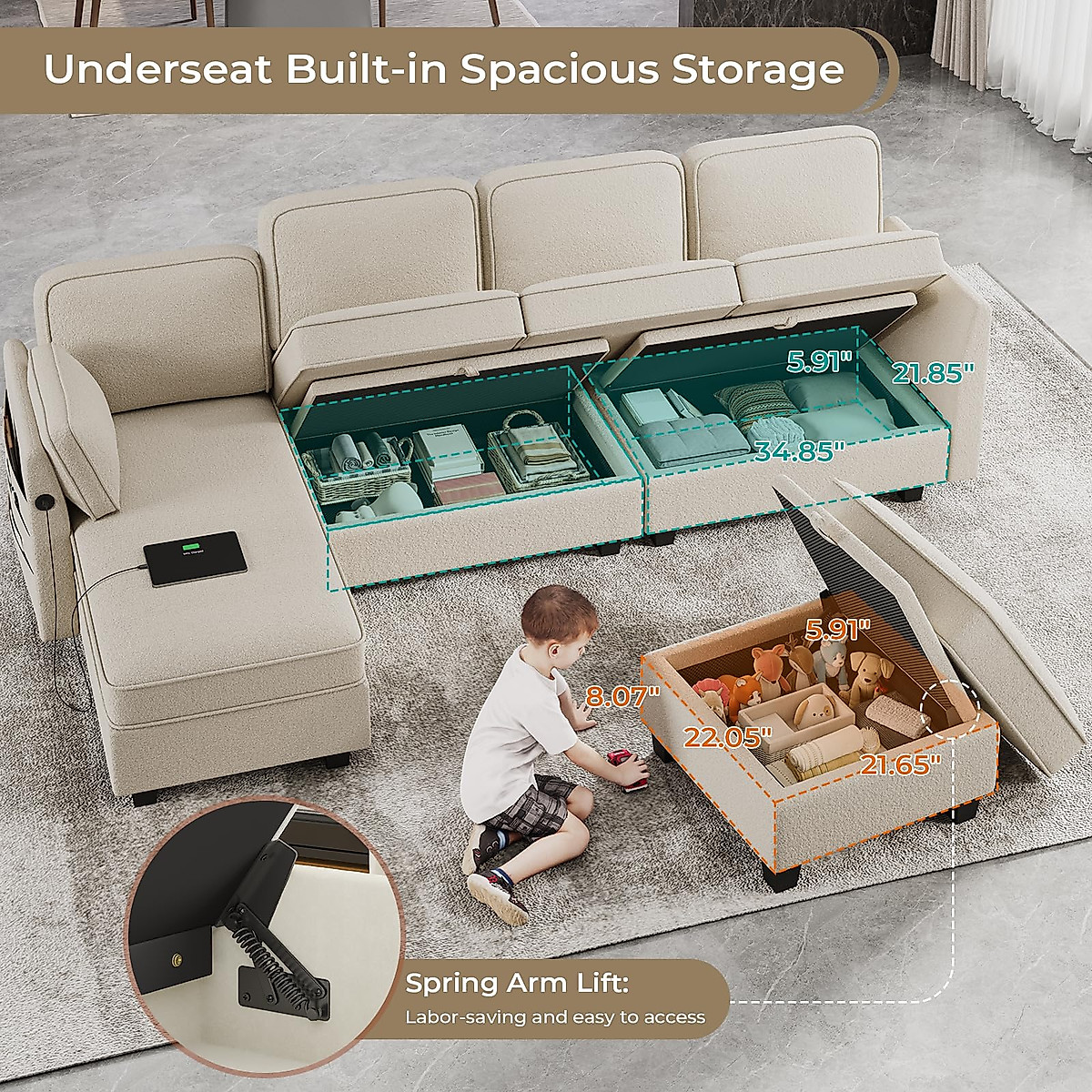 Hasuit 113'' Sectional Sofa with Storage Seats, U Shaped Convertible Sofa Couch with Large Reversible Chaise, Comfy Chenille Sofa with USB Port, Modular Sectional Sofa Couches for Living Room, Beige