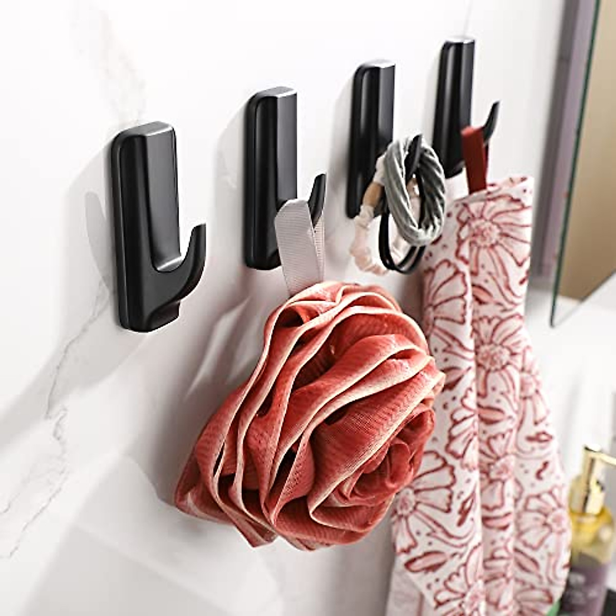 ALOCEO Towel Hooks 9 Pack for Bathroom with 12 Adhesive Strips Shower Waterproof Sticky Hooks Black Plastic Hooks for Keys Outdoor Kitchen Door
