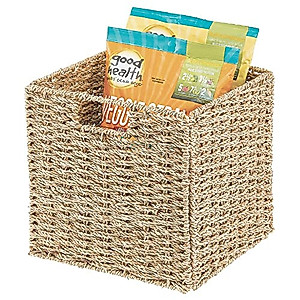 mDesign Seagrass Woven Cube Storage Bin Basket Organizer with Handles for Kitchen Pantry, Cabinet, Cupboard - Shelf and Cubby Organization, Holds Food, Drinks, Snacks, Appliances - 4 Pack, Natural/Tan