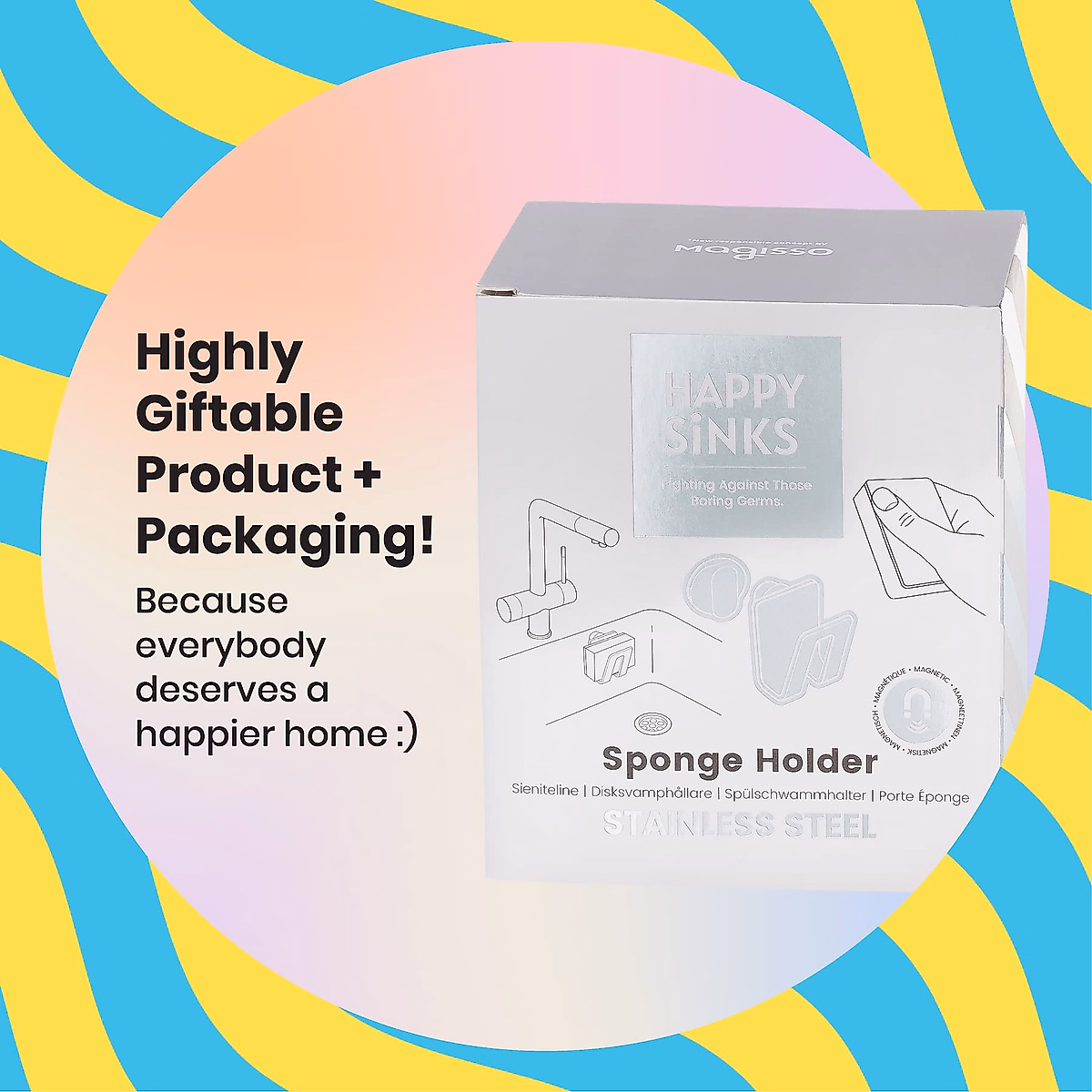 Happy Sinks Magnetic Sponge Holder for Kitchen Sink - Suitable for Steel - Metal - Composite Sinks - Strong Magnetic Backing - Durable and Sustainable Solution - Sink Caddy Sponge Holder - (Steel)