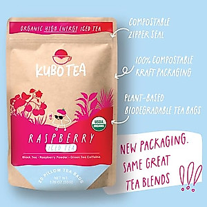 Kubo Tea, Organic High Energy Ice Tea, High Caffeine Blend, 20 Servings (155mg Caffeine each), Pillow Tea Bags, Kraft Packaging, Healthy Coffee Substitute (Raspberry)
