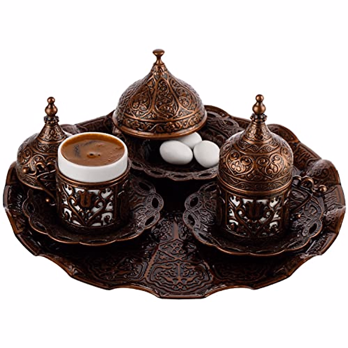 DEMMEX 2023 Turkish Greek Arabic Coffee Full Set with Cups Saucers Lids Sugar Bowl Tray and Copper Coffee Pot, 12 Pcs