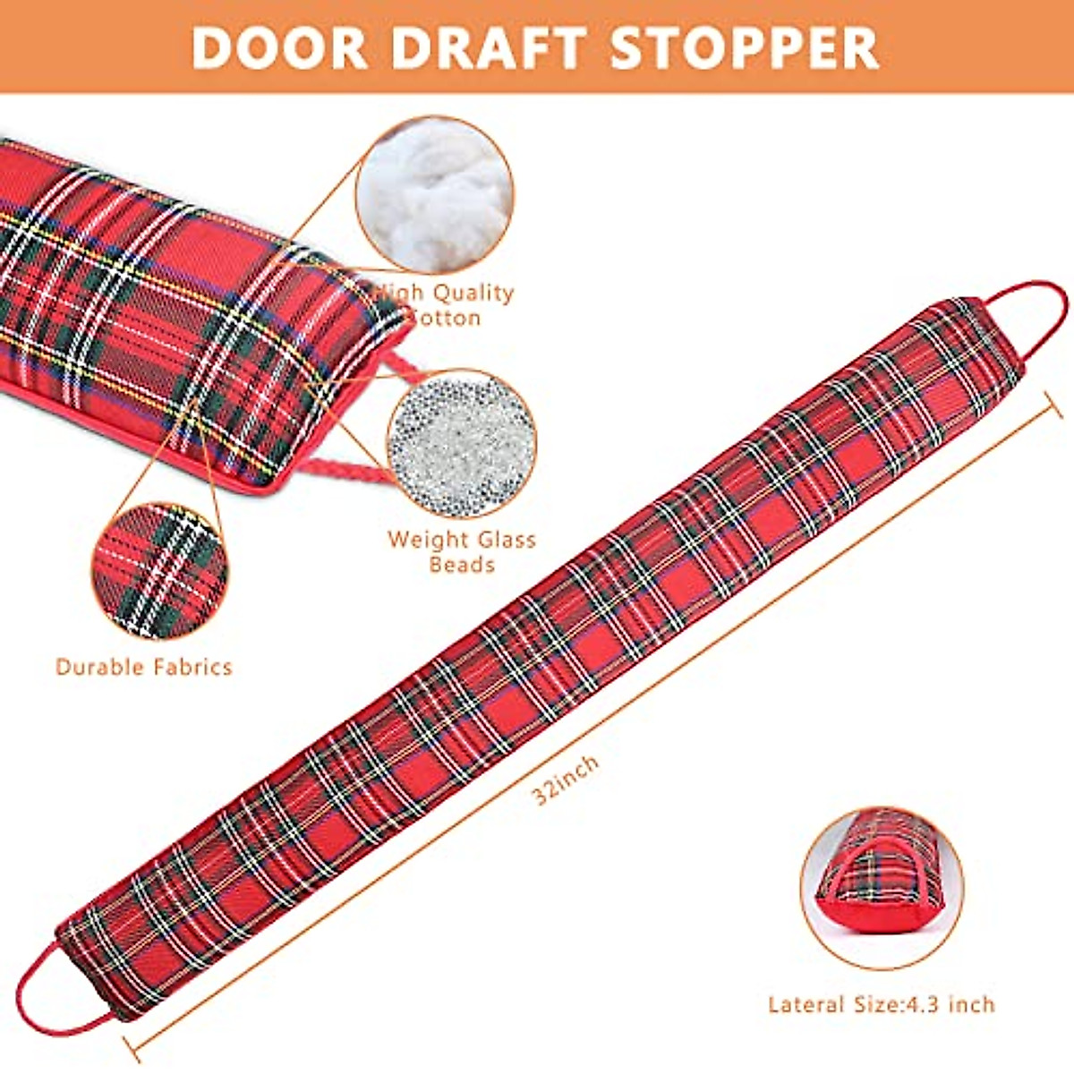 Under Door Draft Stopper 32 Inches Noise Blocker for Door Bottom Air Seal Insulation and Soundproof, Heavy Duty Weather Guard Snake Stripping,Tartan Check Red