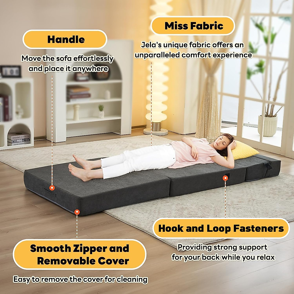 jela Sofa Bed Foldable Mattress Luxury Miss Fabric, Folding Sleeper Sofa Chair Bed Floor Mattress Floor Couch, Fold Out Couch Futon Mattress for Guest Room, Living Room (83"x33",Dark Gray)