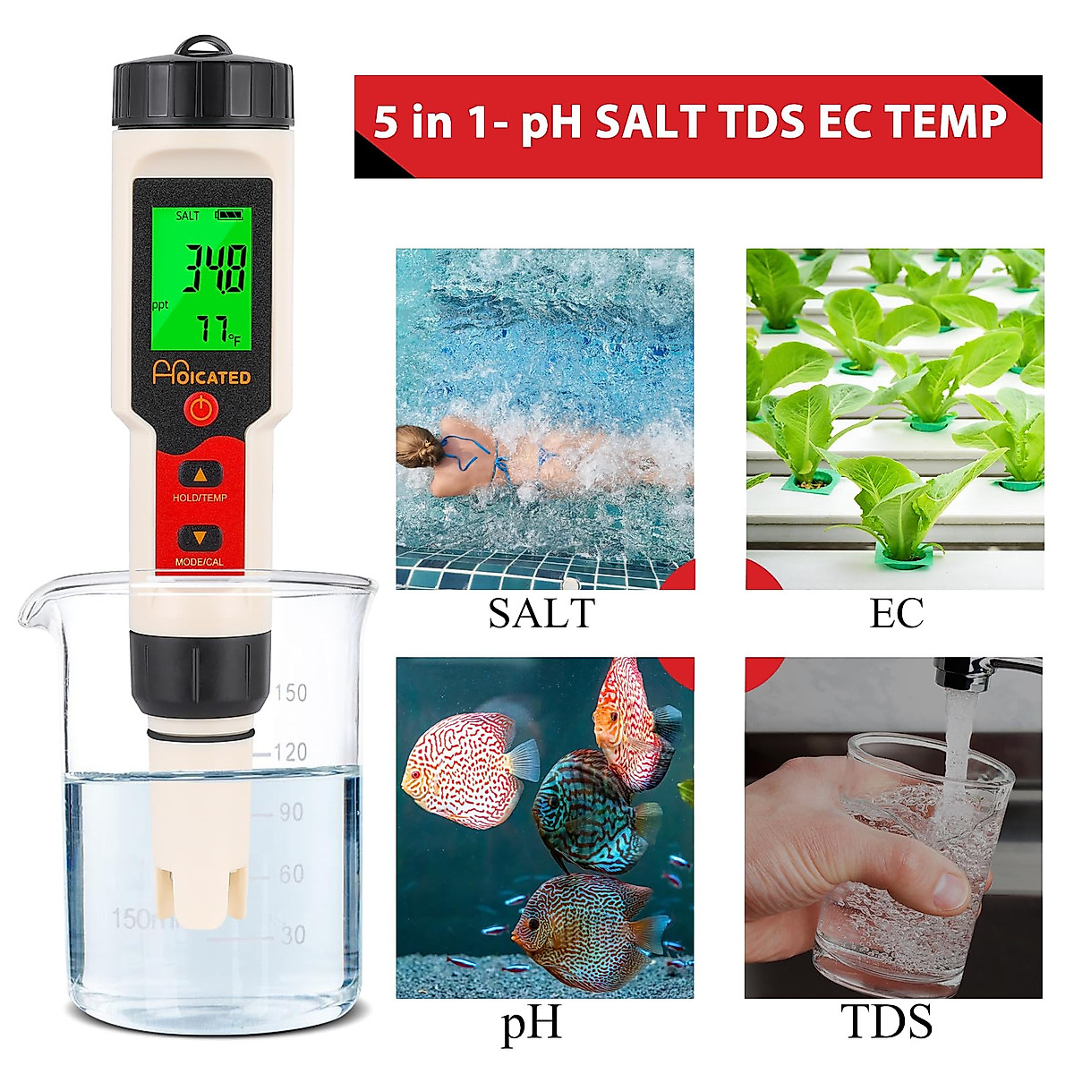 Digital Salinity and pH Tester for Saltwater Pool, HOICATED 5 in 1 pH Salt TDS EC Temp Meter for Swimming Pool Water, Accurate Salt Tester for Saltwater Aquariums, PPM and EC Meter for Hydroponics