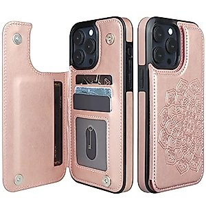 Nvollnoe for iPhone 13 Pro Max Case with Card Holder Heavy Duty Protective Durable Leather RFID Blocking Shockproof Slim Credit Card Slot Wallet Case for iPhone 13 Pro Max for Women&Girls(Rose)