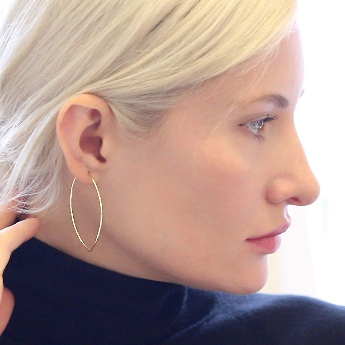 Humble Chic Geometric Marquise Threader Hoops - Hypoallergenic 18K Gold Plated Medium Hoop Earrings for Women - Lightweight Oval Leaf Elliptical Loop Statement Drop Dangles, 1.75" inch - 18K Yellow