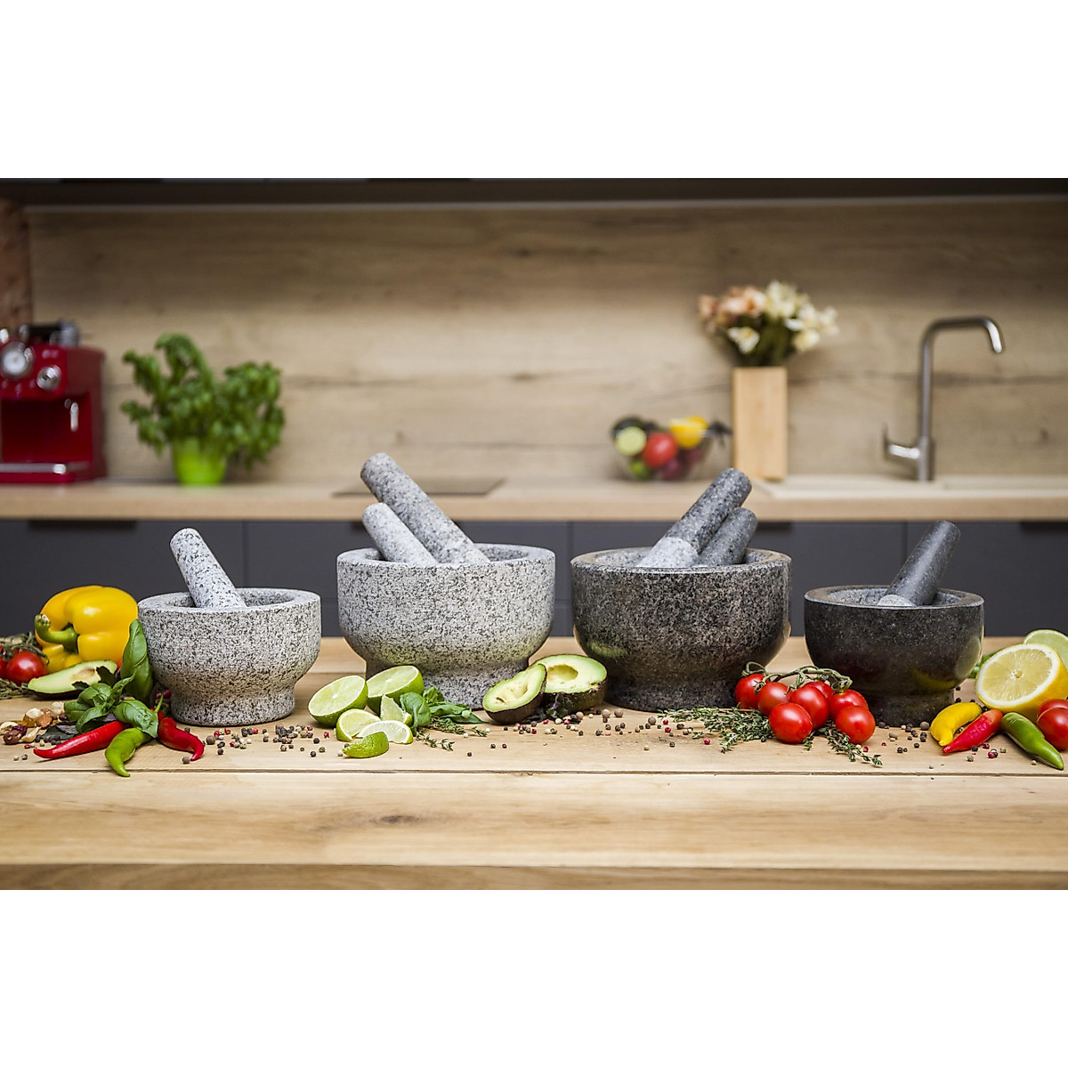 ChefSofi Mortar and Pestle Set - 6 Inch - 2 Cup Capacity - Unpolished Heavy Granite for Enhanced Performance and Organic Appearance - Included: Anti-Scratch Protector + Italian Recipes EBook