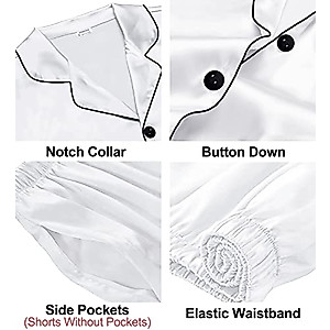 SWOMOG Women 3 Pcs Satin Pajamas Set Silk Long Sleeve Sleepwear Button Down Loungewear Pjs with Shorts & Pants White