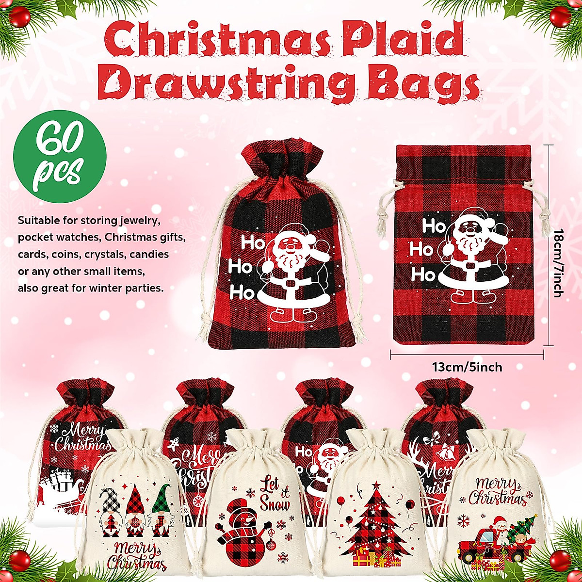 Huhumy 60 Pcs Christmas Burlap Bags with Drawstring Plaid Party Favor Gift Bags Mini Candy Goodies Bag Black and Red Plaid Treat Bags for Christmas Party Birthday Supplies (5 x 7 Inch)