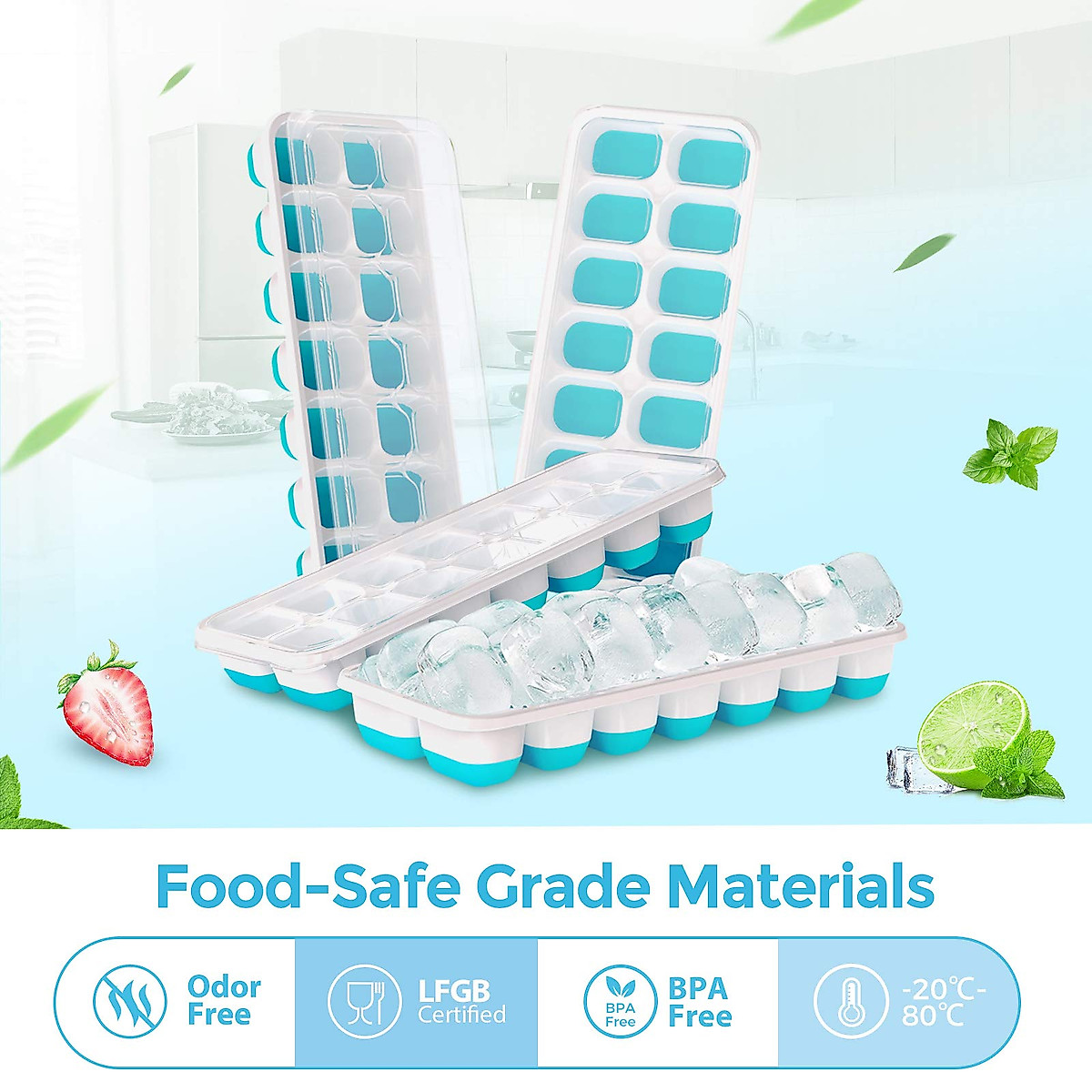 DOQAUS Ice Cube Trays 4 Pack, 56 pcs Silicone Ice Cubes Tray Maker with Spill-Resistant Removable Lid, Easy Release & Pop out, LFGB and BPA Free, Stackable Flexible, for Soup, Food, Cocktail, Coffee