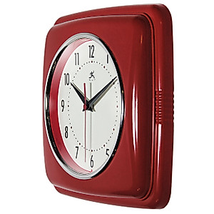 Infinity Instruments Square Silent Retro 9 inch Mid Century Modern Kitchen Diner Retro Wall Clock Quartz Sweep Movement (Red)