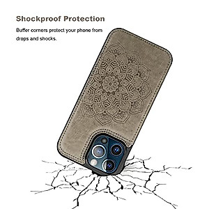 Vaburs Compatible with iPhone 13 Pro Max Case Wallet with Card Holder, Embossed Mandala Pattern Flower PU Leather Double Buttons Flip Shockproof Cover for Magnetic Car Mount 6.7 Inch (Gray)