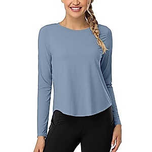 ATTRACO Women's Activewear Tops Long Sleeve Loose Fit Open Back Yoga Workout Shirts Blue L