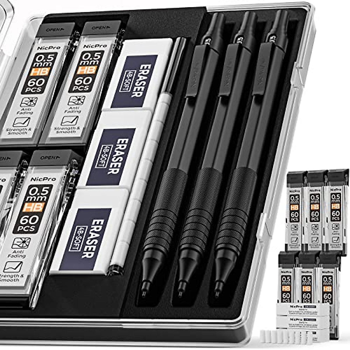 Nicpro 0.5 mm Mechanical Pencils Set with Case, 3 Metal Artist Pencil With 6 Tubes HB Lead Refills, 3 Erasers, Eraser Refills For Architect Art Writing Drafting, Drawing, Engineering, Sketching, Black